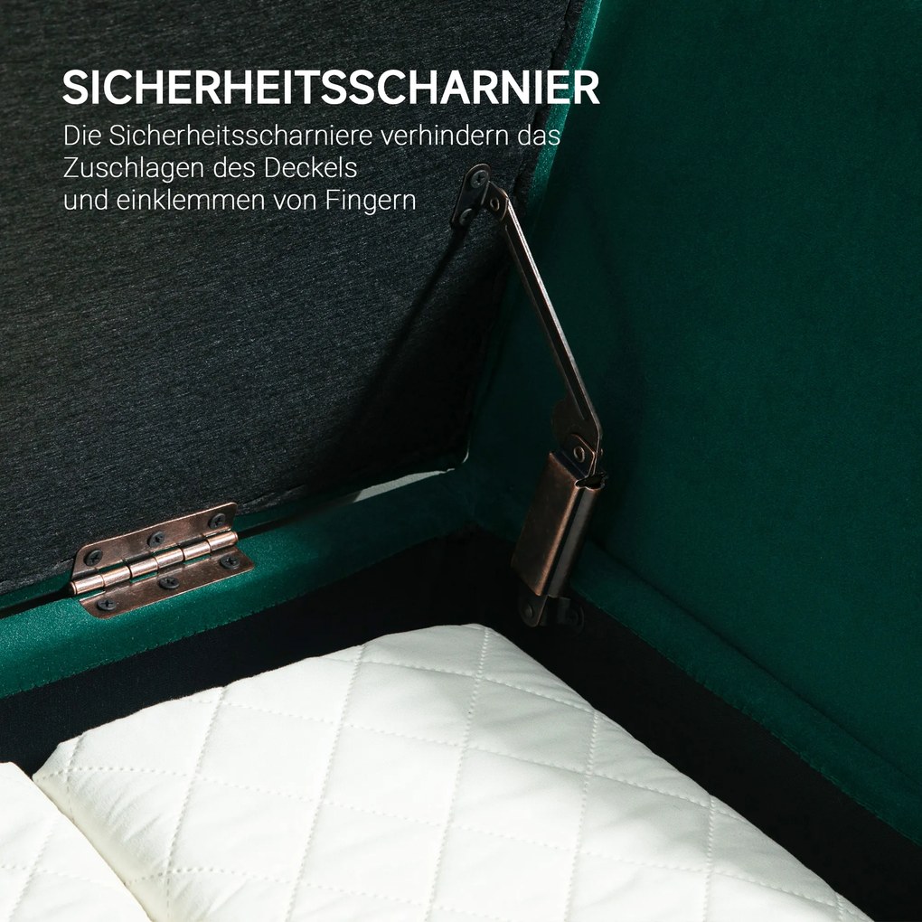 HOMCOM Luxusní sedací lavice Čalouněná lavice s úložným prostorem Područky Truhlicová lavice Sametový polyester kaučukovník Zelená 107 x 42 x 65 cm