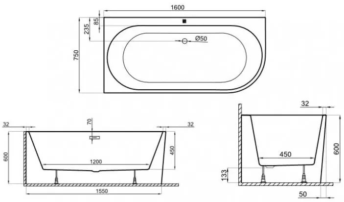 Polimat Sola 160x75 volně stojící akrylátová vana, černý lesk Délka vany: 160cm, Orientace: Levá