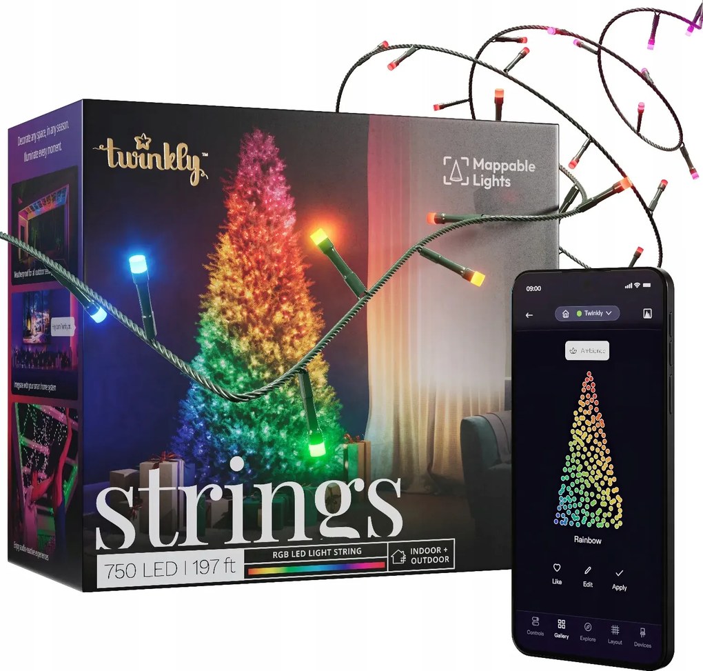 Vánoční osvětlení na stromeček Twinkly Strings 750 Rgb Led, černý kabel, 60 m, IP44