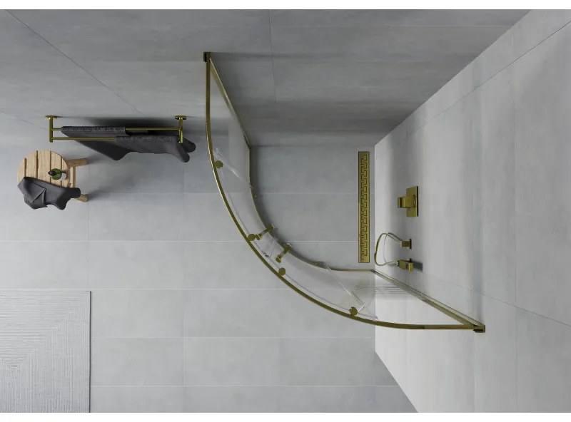 Mexen Rio, čtvrtkruhový sprchový kout 70(dveře)x70(dveře)x190 cm, 5mm čiré sklo s pásky, zlatý profil, 863-070-070-50-20