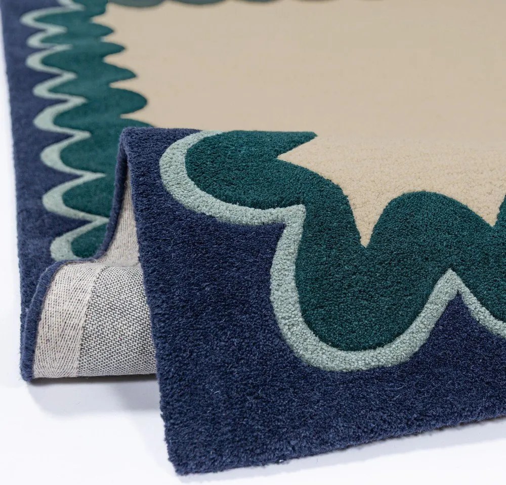 Ručně tkaný vlněný běhoun v přírodní barvě/zelenomodrý 80x230 cm Wiggle Wool – Flair Rugs