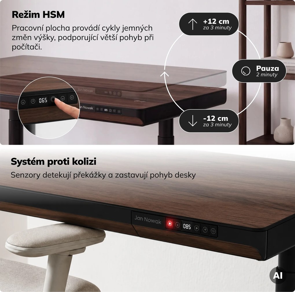 Elektrický psací stůl sit-stand se zásuvkou a bezdrátovou nabíječkou Qi černý/ořech, 1200 mm: ELLIS