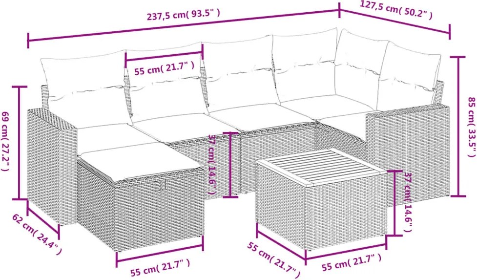 7dílná zahradní sedací souprava a podušky mix béžové polyratan 3264839