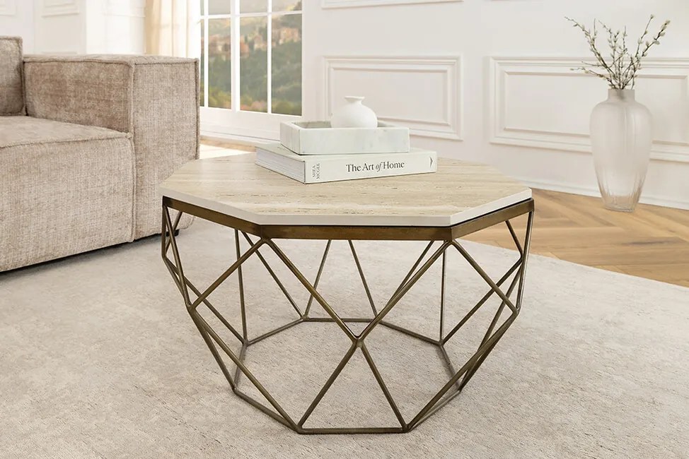 Konferenční stolek Diamond Travertin mosazný podstavec 70cm