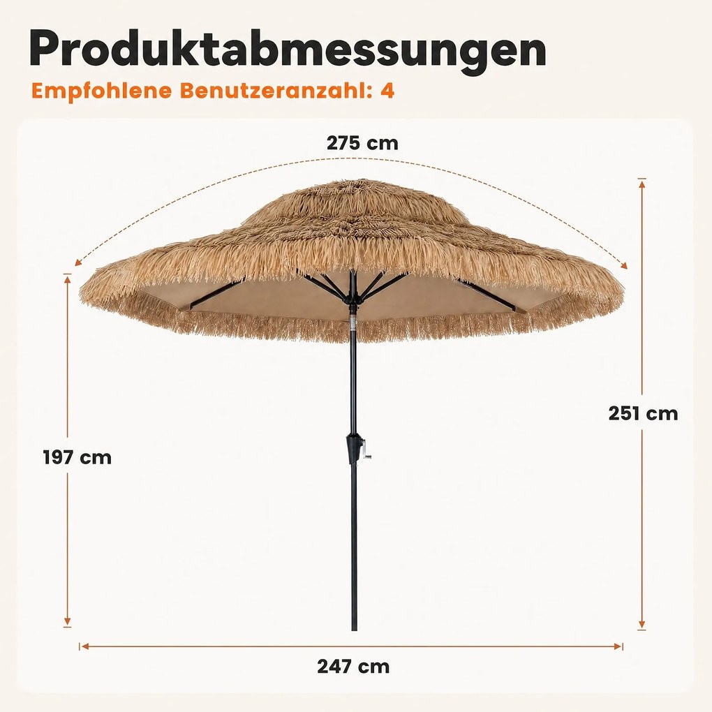 Costway Slunečník Hawaii Ø 275 cm 30° Naklápěcí klikou a 8 Stabilní kovová žebra