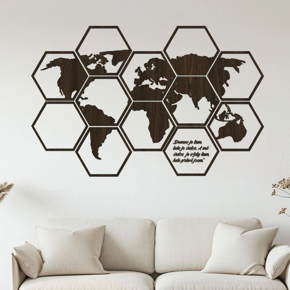 dřevo života Dřevěná mapa světa Hexagon Zvolte barvu dekoru: Bílá, Rozměry šxv (cm): 93x60