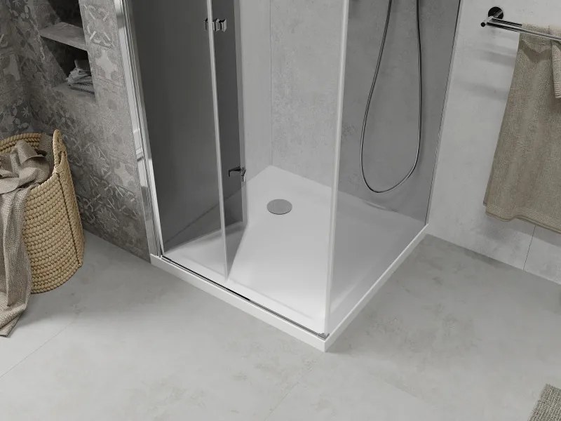 Mexen Lima, sprchový kout se skládacími dveřmi 80 (dveře) x 80 (stěna) cm, 6mm šedé sklo, chromový profil + slim sprchová vanička bílá + chromový sifon, 856-080-070-01-40-4010