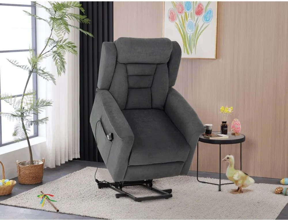 Relaxační křeslo s elektrickým ovládáním, pomoc při vstávání, potah šedá látka, 2 motory (82 x 98) cm
