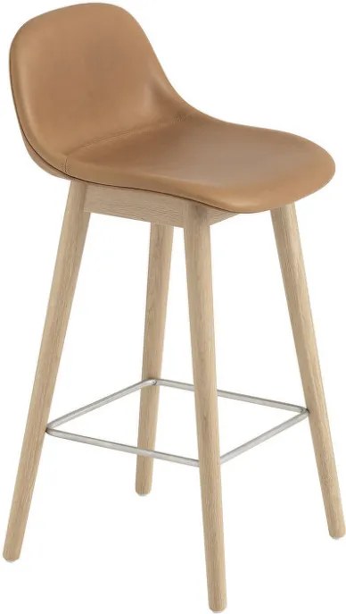 Muuto Barová stolička Fiber s opěrkou, kůže/cognac, podnož oak