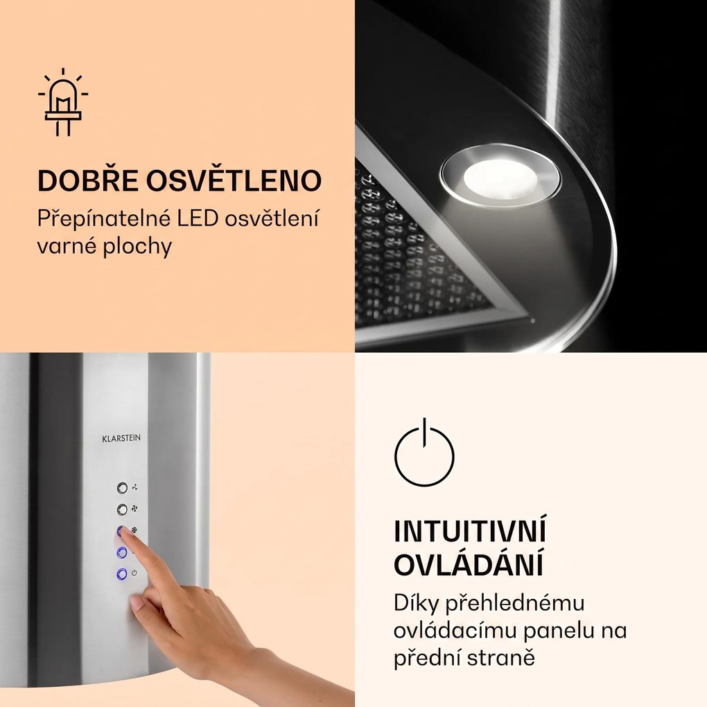 Klarstein Barella, digestoř, 35 cm, ostrůvková, 519 m³/h, LED, stříbrná