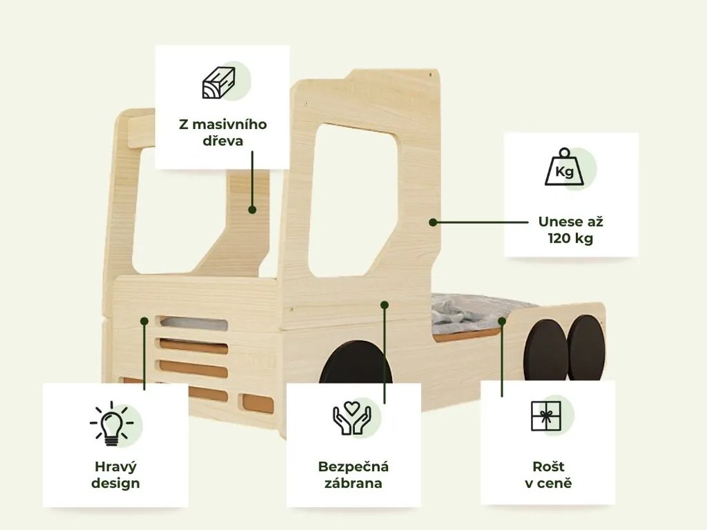 Benlemi Dětská auto postel ve tvaru náklaďáku TRUCKY Zvolte barvu: Pastelově růžová, Zvolte rozměr: 80x190 cm