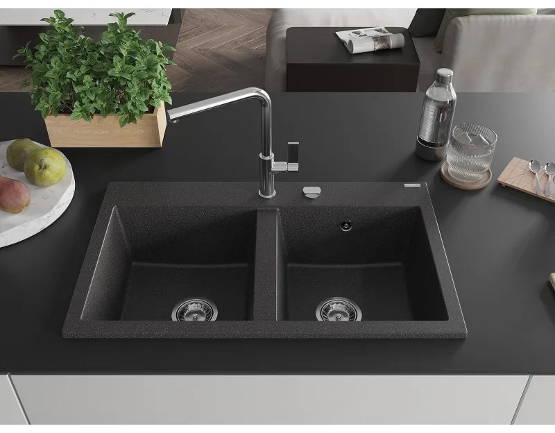 Mexen Hektor, 2-komorový granitový dřez 800x480x205 mm, černá skvrnitá, chromový sifon, 6521802000-76