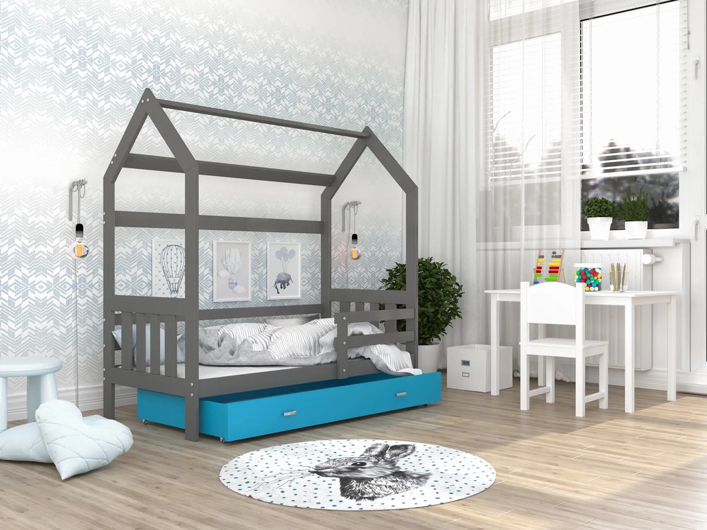 BabyBeds Dětská postel domeček se zábranou a úložným prostorem šedá Velikost postele: 160x80 cm, Barva šuplíku: Modrá