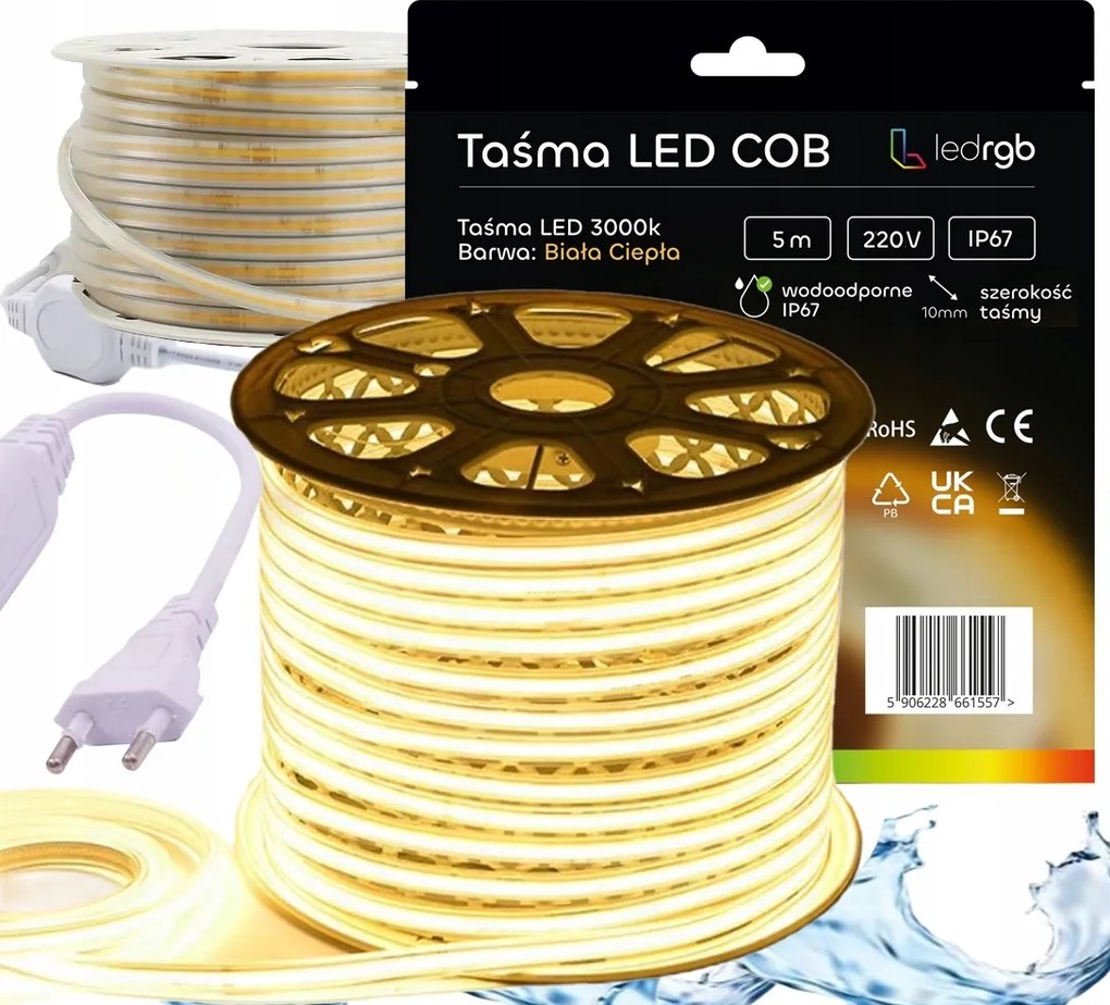 Set Led pásek Neon Cob 220V 230V 20 m 3000K Bílý Teplý Napájecí Zdroj IP67