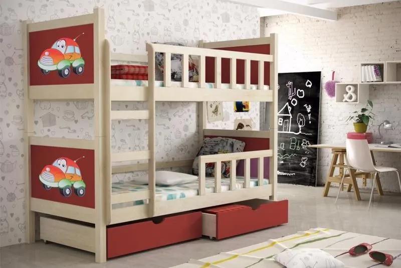 Dětská  patrová postel PONOKIO 2 - přírodní / červená + auto