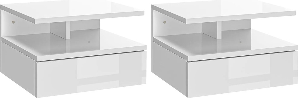 HOMCOM Sada 2 floating nočních stolků se závěsem, 1 zásuvkou a otevřenou policí do ložnice 35x32x22,5 cm Jasně bílá
