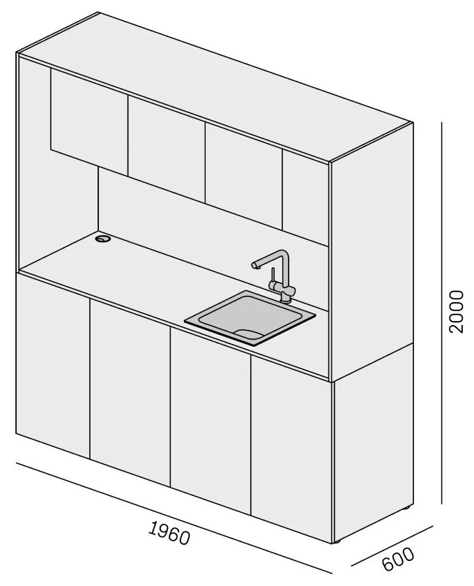 PLAN Kuchyňka NIKA se dřezem a baterií 1963 x 600 x 2000 mm, šedá, pravé