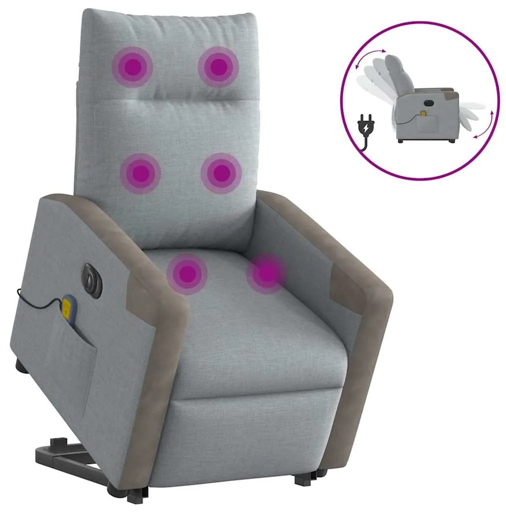 Elektrické zvedací masážní polohovací křeslo světle šedé textil 3324105