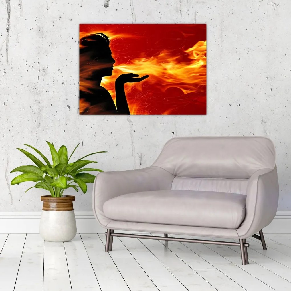 Skleněný obraz zeny s plameny (70x50 cm)