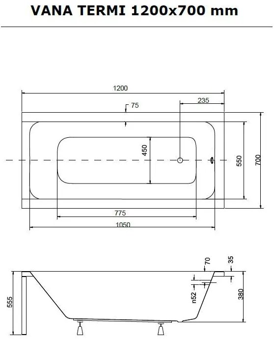 BESCO Obdélníková vana TERMI Nožičky k vaně - Bez nožiček, Rozměr vany - 120 × 70 cm - OLVTER12