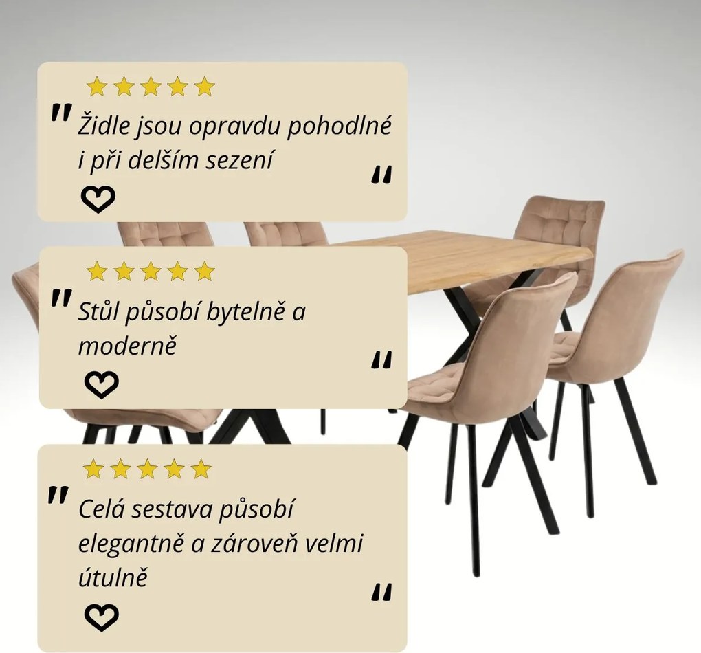 Vikio Jídelní set pro 6 osob 160x90 cm dub noha X béžová židle VJS236-6BE-S
