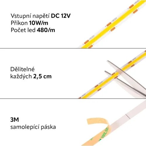 LED pásek 12COB10 12V 10W/m teplá bílá CRI90 š=8mm 078091