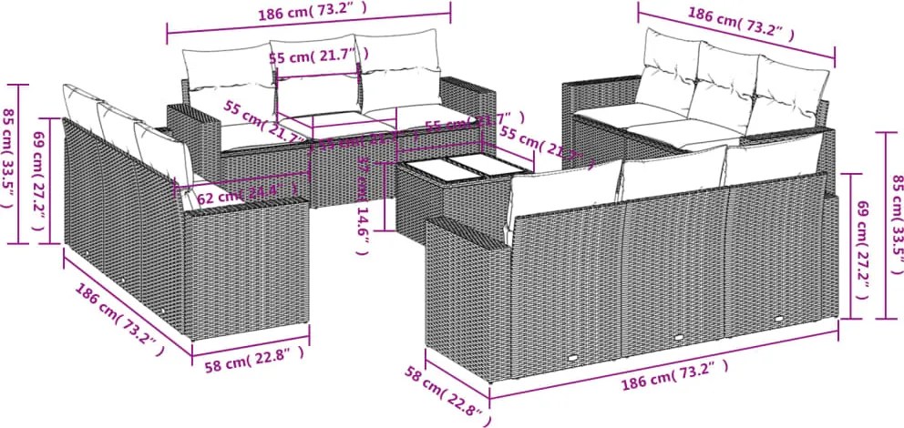 13dílný zahradní sedací souprava s poduškami černý polyratan 3251112