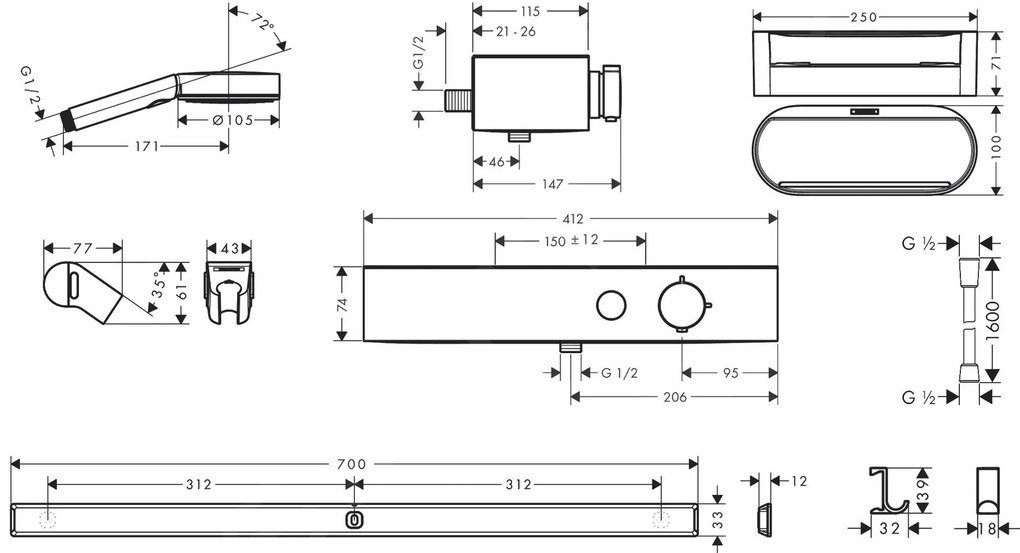 Hansgrohe WallStoris, sada sprchové hlavice 105, 3 proudy, termostatu a koupelnových doplňků, černá matná, 24250670