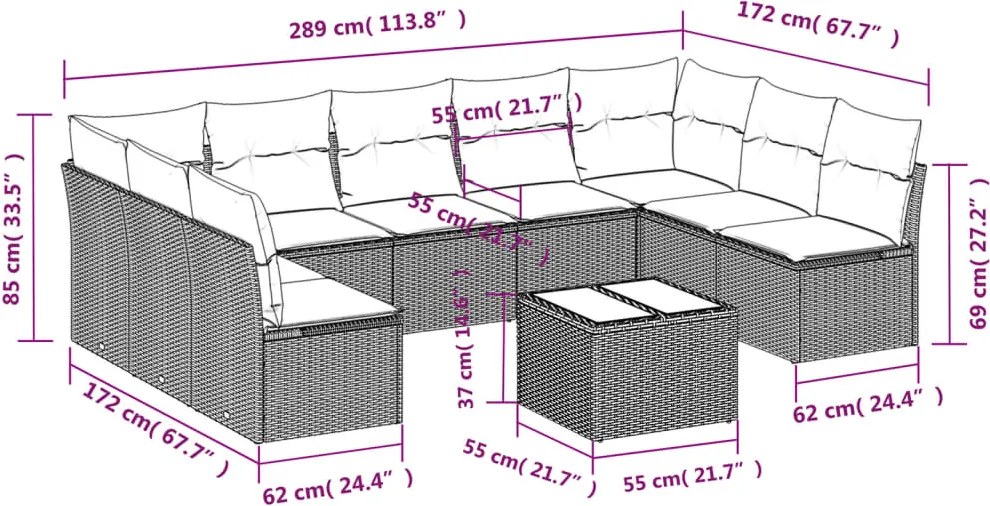 10dílná zahradní sedací souprava podušky světle šedá polyratan 3218082