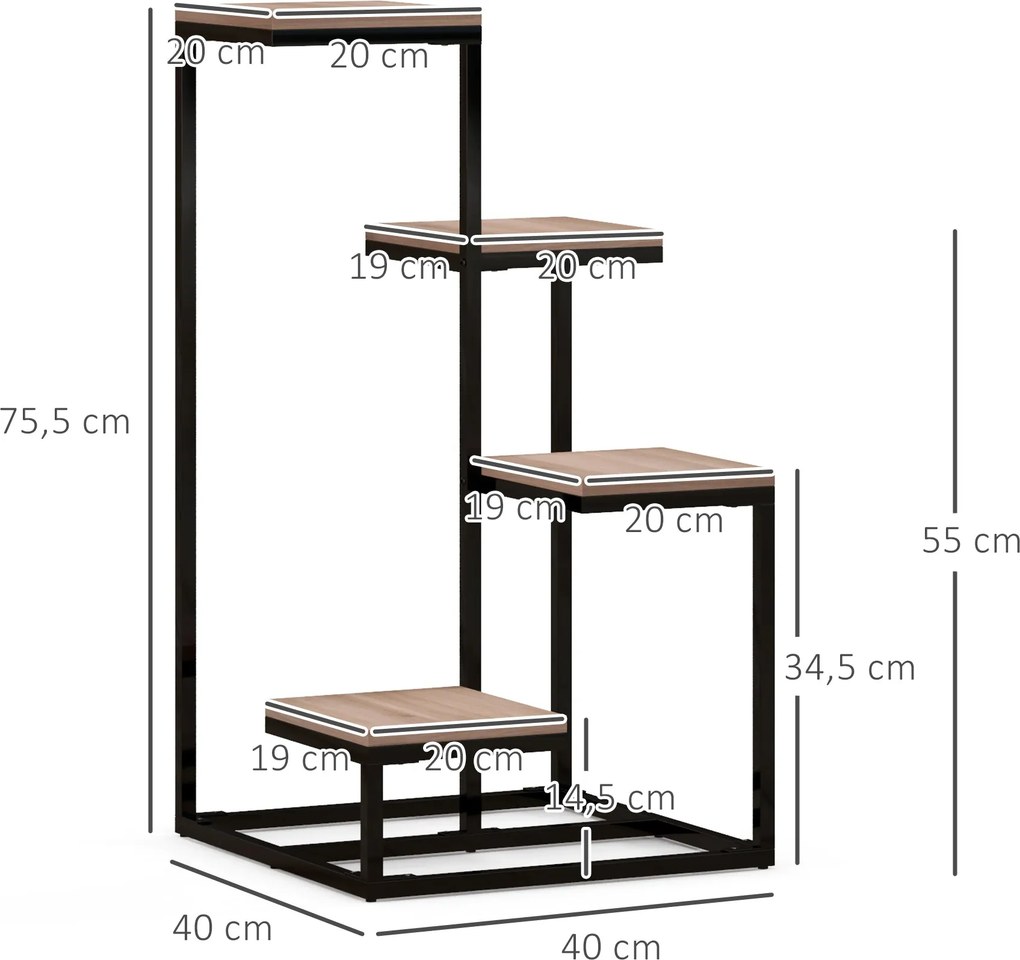 Outsunny Kovový a Dřevěný Stojan na Rostliny s Květinami 4 Úrovně Průmyslový Styl 40L x 40Š x 75,5V cm