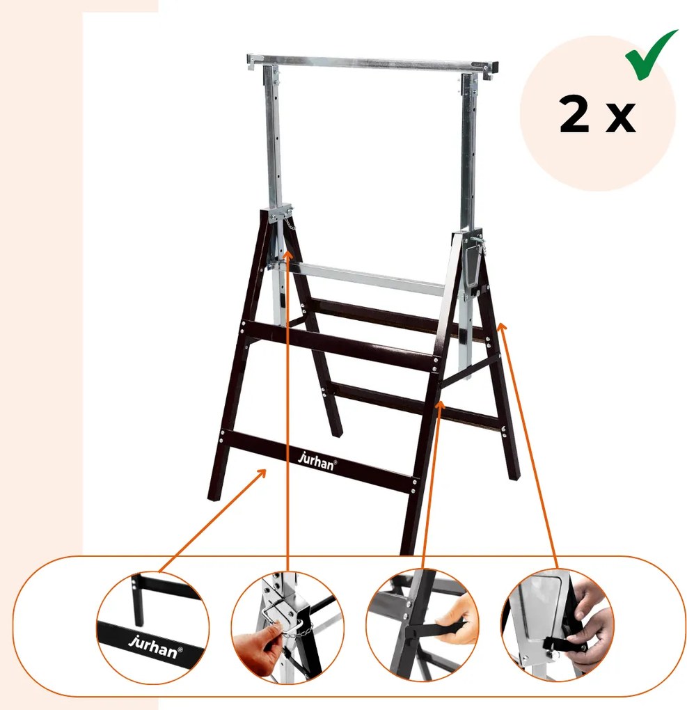 Teleskopické lešenářské kozy DANNY, sada 2 ks, max. 200kg, 60 x 56 x 81-130cm, stříbrná/černá Jurhan