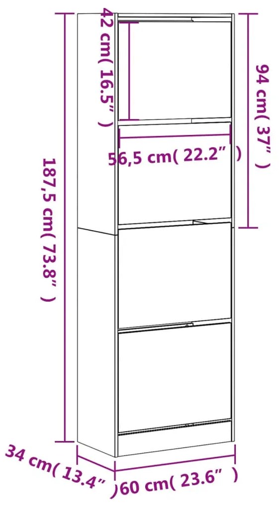 Botník se 4 výklopnými zásuvkami betonově šedý 60x34x187,5 cm - Default Title