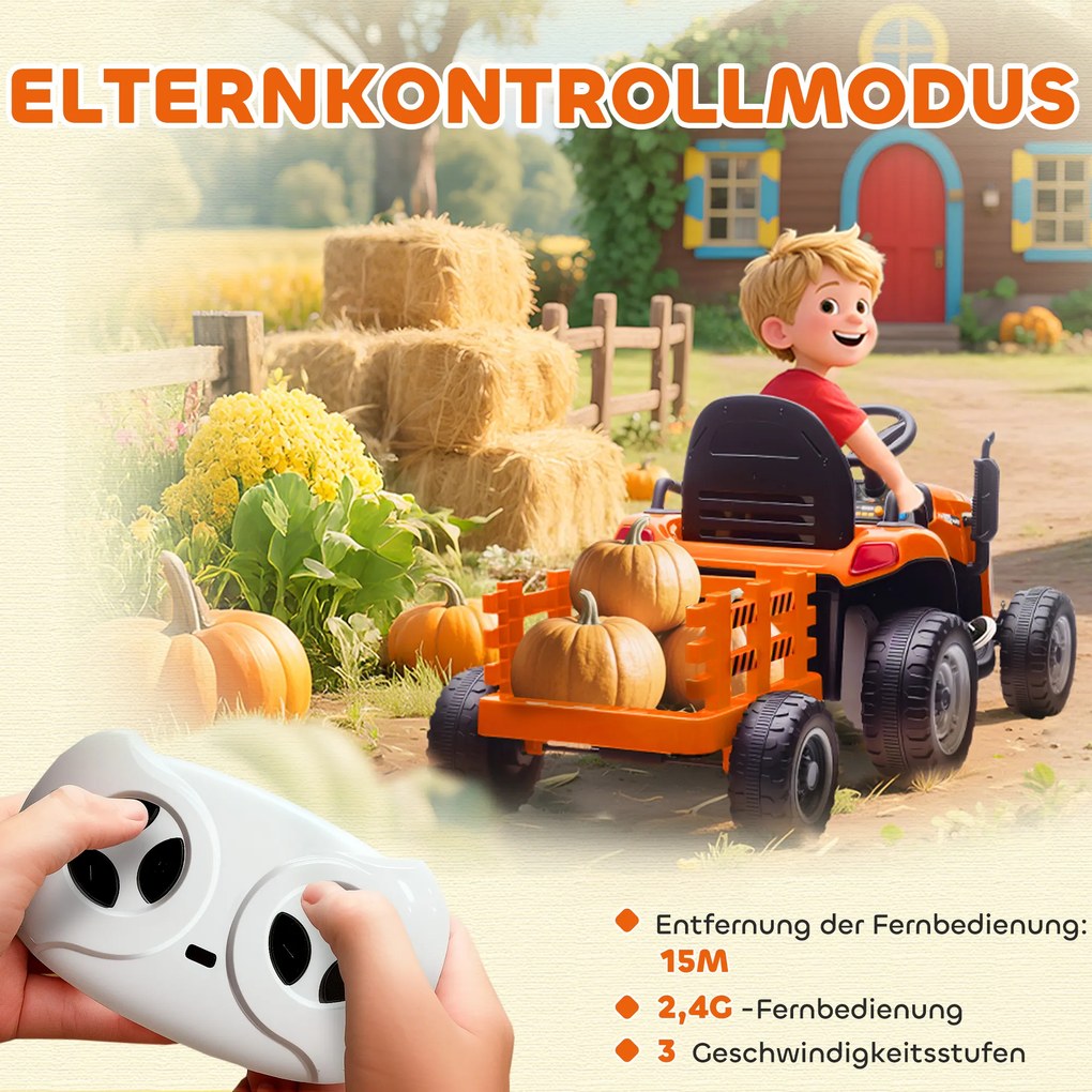 AIYAPLAY Elektrický dětský traktor, sedací traktor s dálkovým ovládáním, měkký start, pro děti ve věku 3-8 let, oranžový