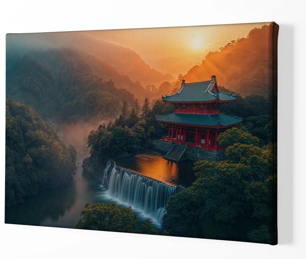 Obraz na plátně - Japonský chrám s vodopády a západem slunce FeelHappy.cz Velikost obrazu: 40 x 30 cm