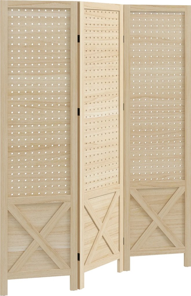 HOMCOM vnitřní paraván ze dřeva, 3 panely, skládací příčka, děrovaný panel, 114 x 1,7 x 144,5 cm, přírodní dřevo