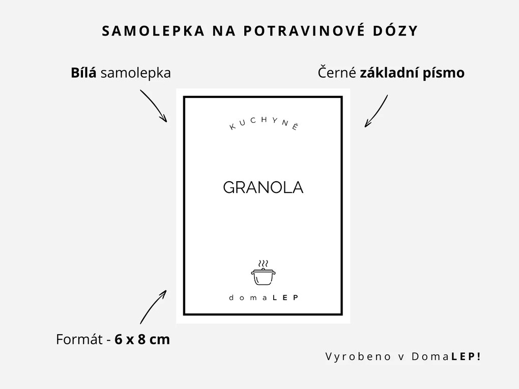 GRANOLA - omyvatelná samolepka na dózu, výběr rozměrů Ø 5 cm / 5 x 5 cm / 6 x 8 cm | DomaLEP tvar: ČTVEREC, barva: BÍLÁ - ČERNÉ písmo, velikost: š. 5 cm x v. 5 cm - tučné písmo