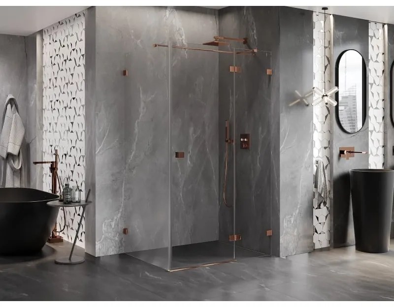 Mexen Lunar T, pravý výklopný sprchový kout 140 x 70 cm, 8mm čiré sklo, profil růžové zlato, 834T-140-070-60-00-P