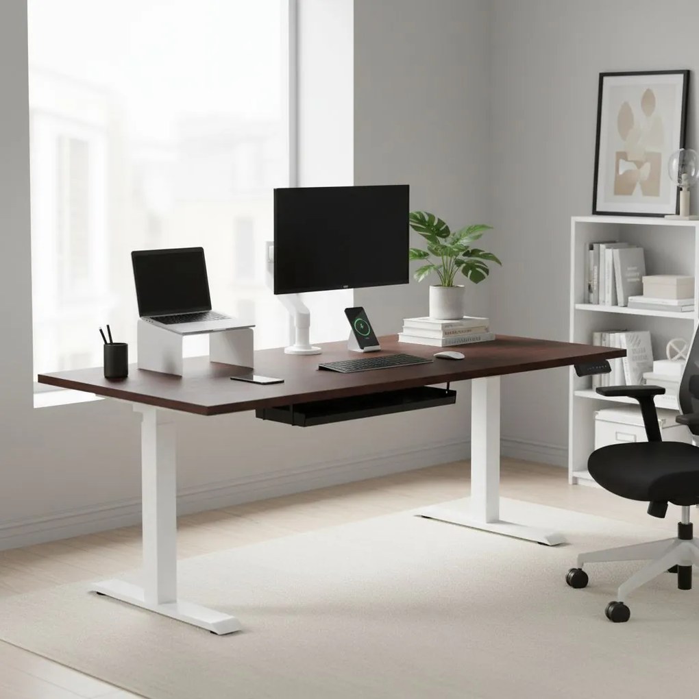 Výškově nastavitelný stůl OfficeTech C, 180 x 80 cm, bílá podnož, wenge