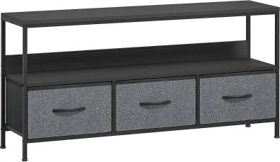 HOMCOM TV dolní skříňka pro 140 cm se skládacími látkovými zásuvkami a odkládací plochou z kovu a MDF, 120 x 29 x 56 cm, černá