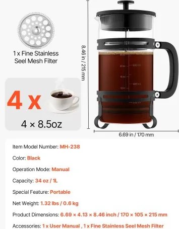 Kávovar French Press VEVOR, 1 l