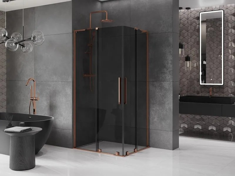 Mexen Velar L Duo, sprchový kout s posuvnými dveřmi 100 x 90 cm, 8mm šedé sklo, růžové zlato, 871-100-090-02-43-60