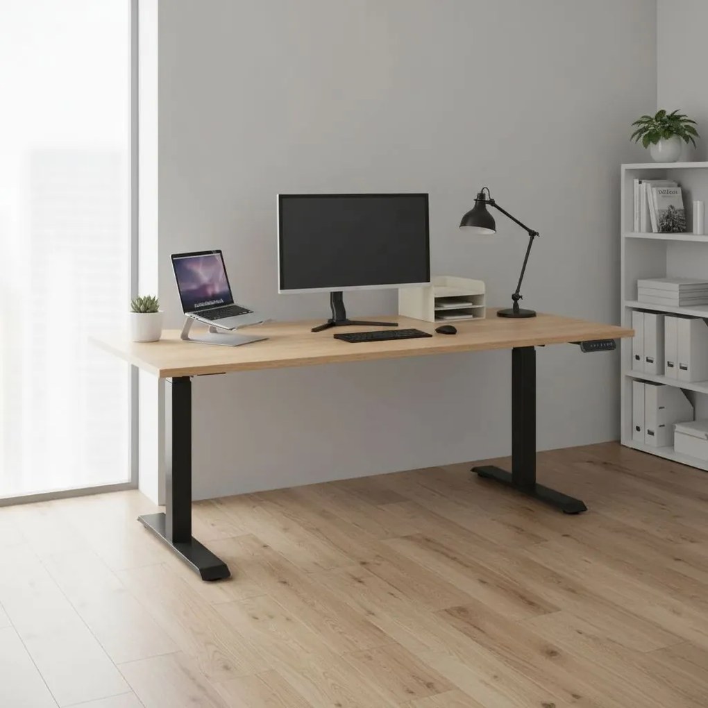 Výškově nastavitelný stůl OfficeTech C, 180 x 80 cm, černá podnož, dub kamenný