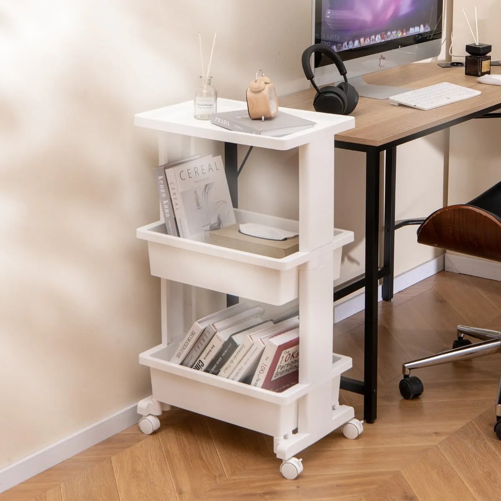 Costway 3-patrový vozík s deskou stolu a uzamykatelnými kolečky plastový vozík