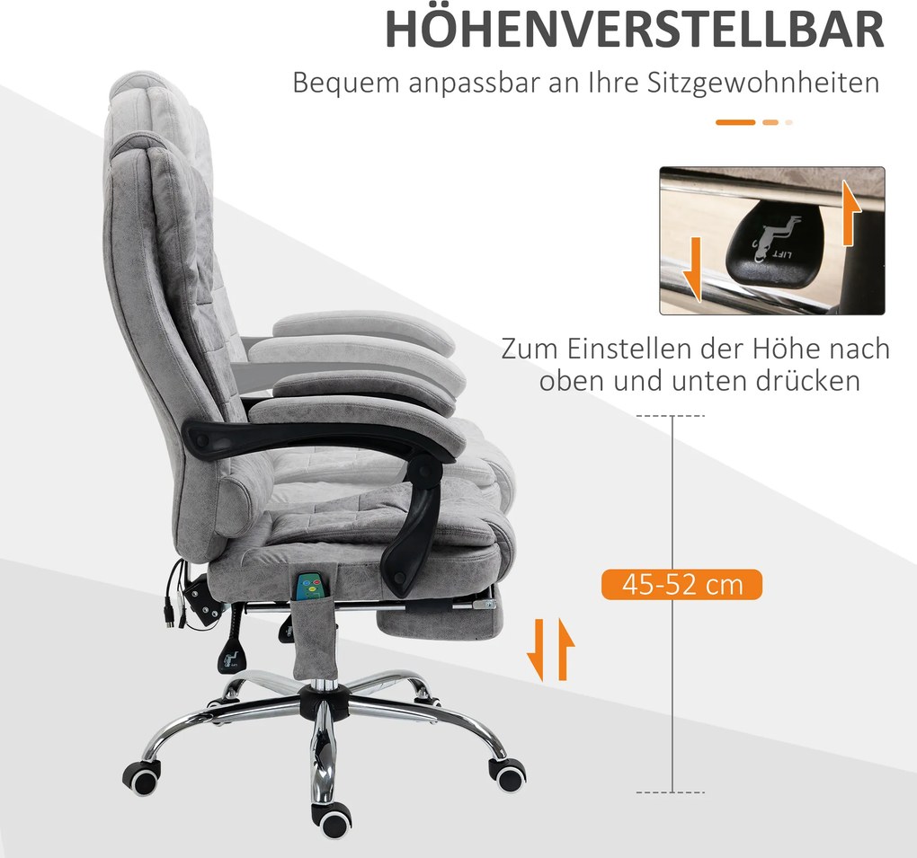 Vinsetto Masážní Hřejivá Kancelářská Židle Ergonomická S Nastavitelnou Výškou A Sklopným Opěradlem Z Mikrovlákna Šedá