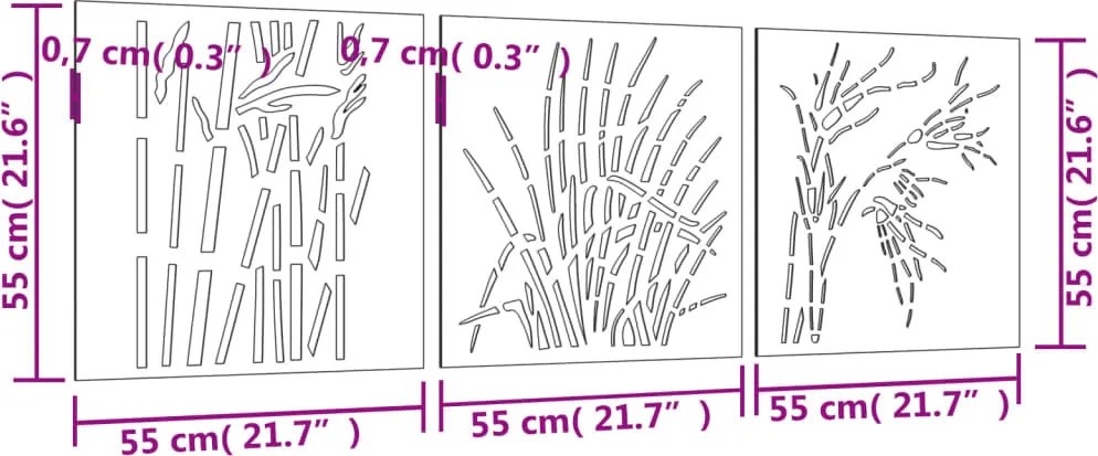 vidaXL Zahradní nástěnné dekorace 3 ks 55 x 55 cm cortenová ocel Tráva [824509]