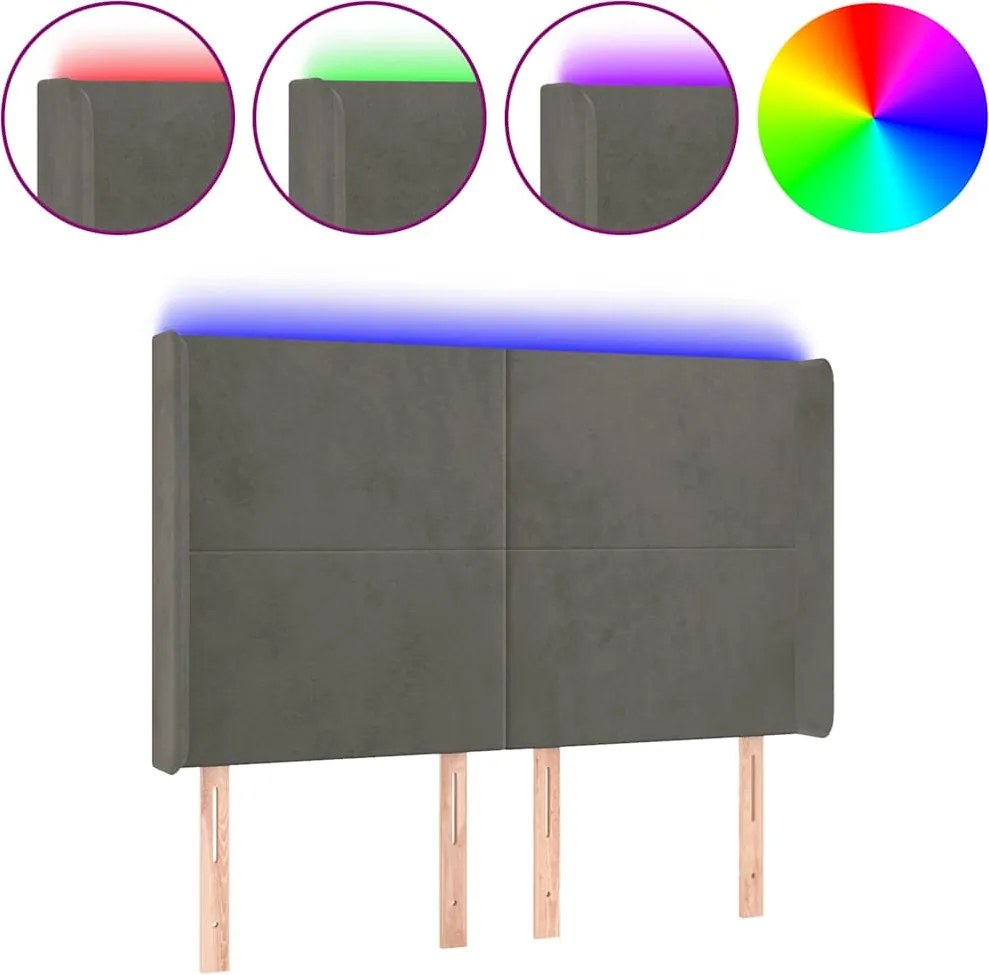 Čelo postele s LED tmavě šedé 147 x 16 x 118/128 cm samet 3123817