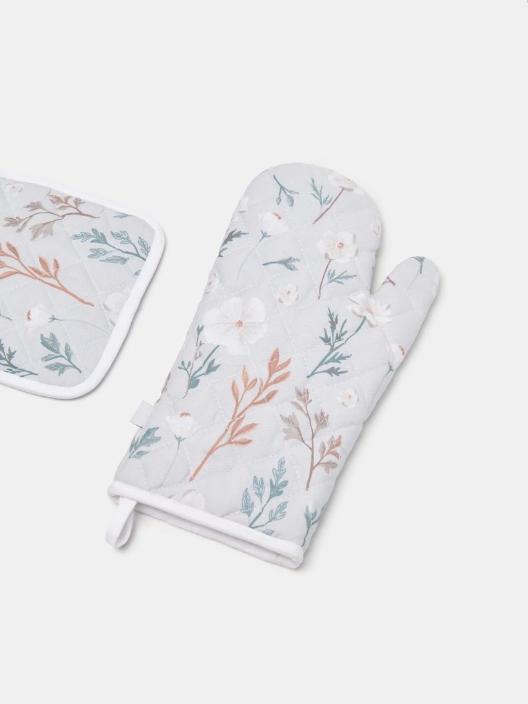Sinsay - Kuchyňská chňapka a podložka pod hrnec s květy 2 pack - šedá