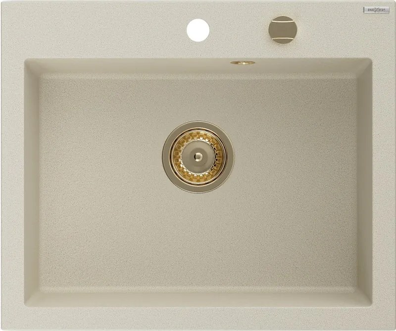 Mexen Elix, 1korový granitový dřez 600 x 500 mm, béžová, zlatý sifon, 6525601005-69-G