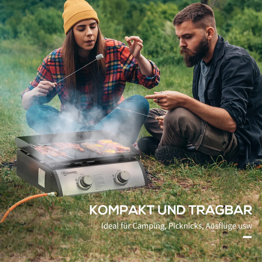 Stolní plynový gril Outsunny BBQ se 2 hořáky, stolní plynový gril s hadicí, nerezová ocel a kov, nepřilnavá grilovací deska, ideální pro kempování