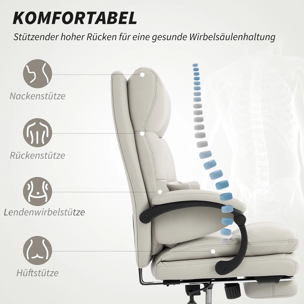 HOMCOM Kancelářská židle výškově nastavitelná s opěrkou bederní páteře, opěrkami rukou, podnožkou, z umělé kůže, světle šedá